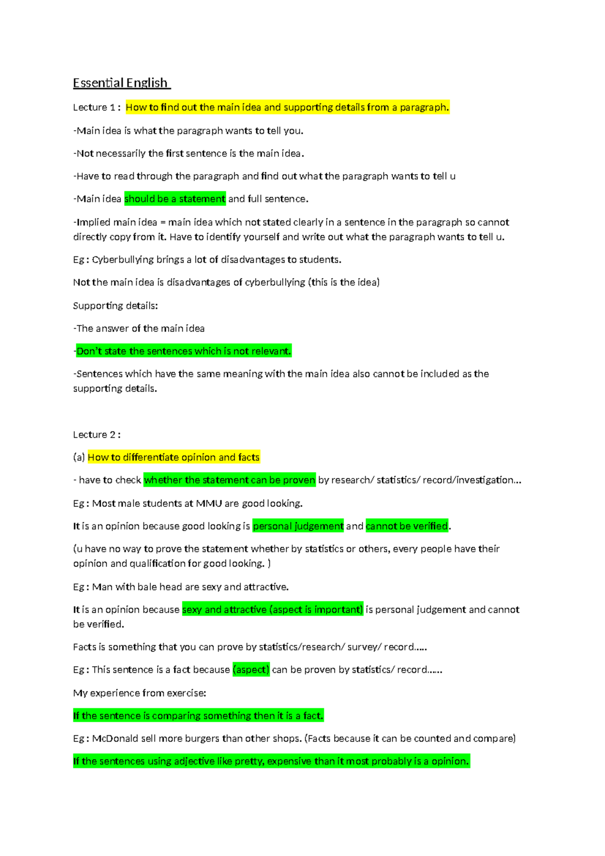 Essential English Lecture -Main idea is what the paragraph wants to ...