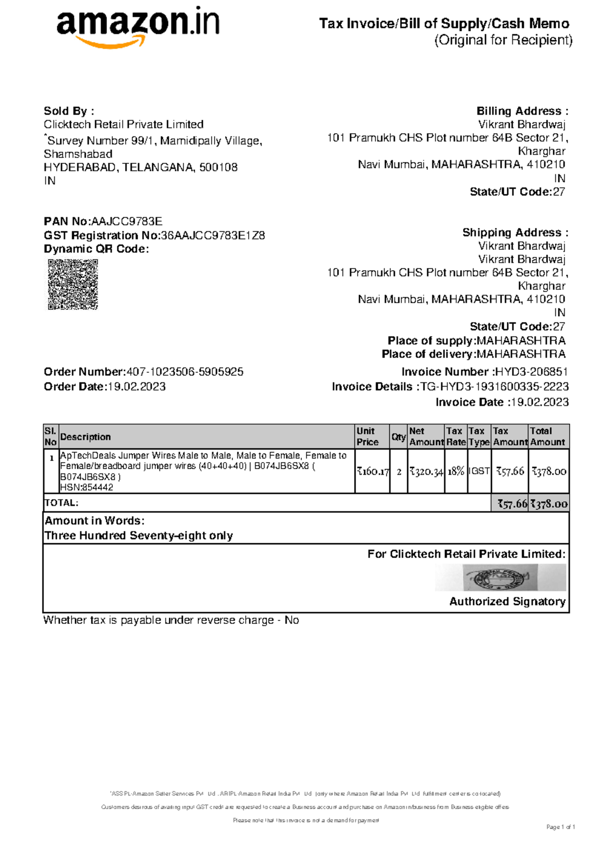 Bill wire - Tax Invoice/Bill of Supply/Cash Memo (Original for ...