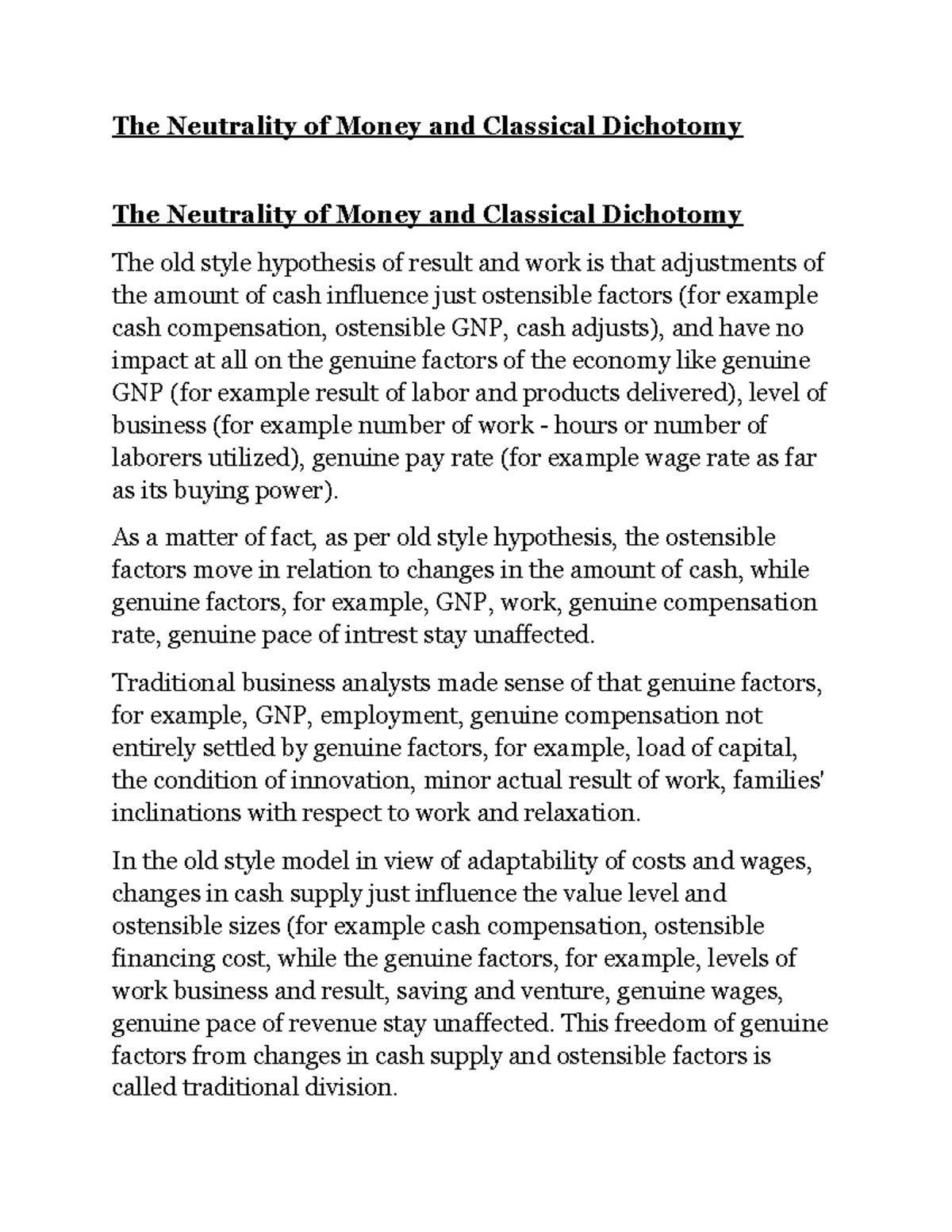 The Neutrality of Money and Classical Dichotomy - As a matter of fact ...