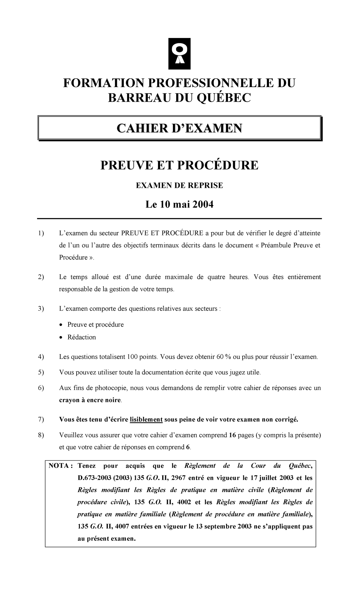 2004-05-04 - Preuve et procédure (reprise) - FORMATION PROFESSIONNELLE DU BARREAU DU QUÉBEC C ...