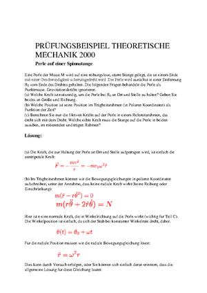 THEORETISCHE MECHANIK Prüfungsbeispiele mit Lösungen - PRÜFUNGSBEISPIELE: KLASSISCHE MECHANIK ...