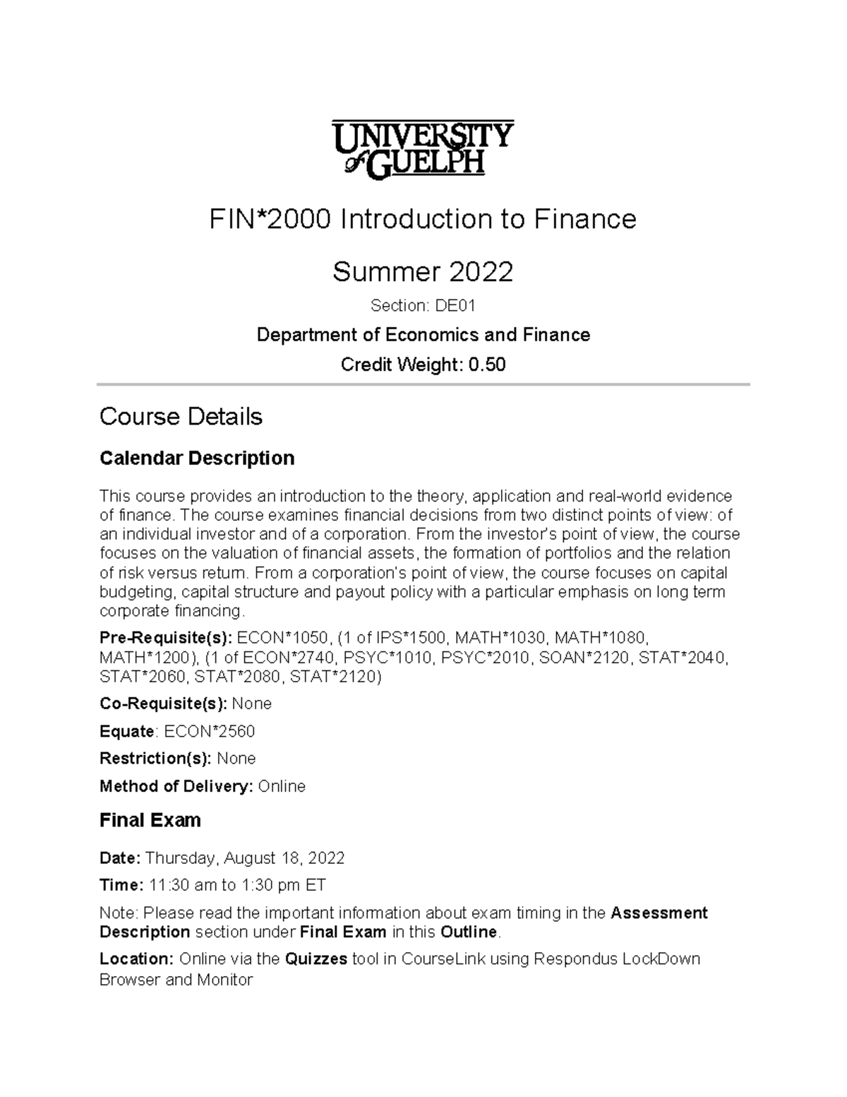 Outline FIN2000 DE01 S22 final-2 - FIN*2000 Introduction to Finance ...