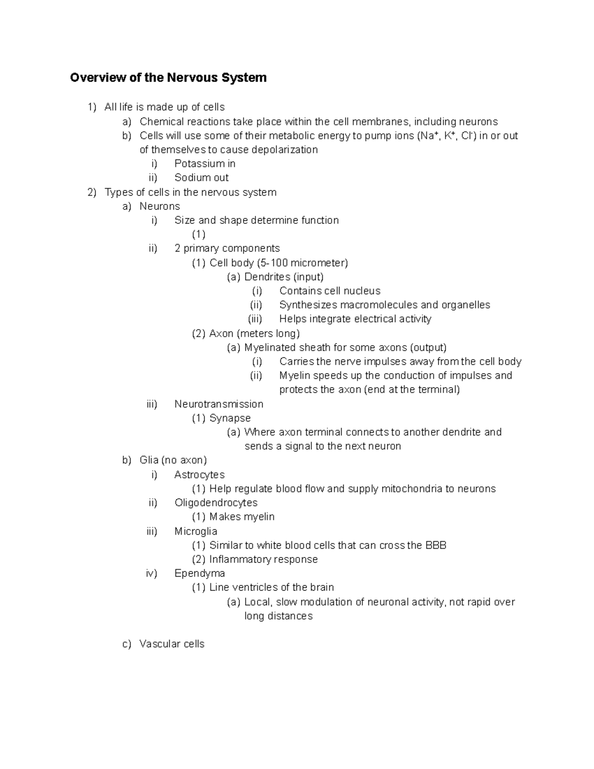 NSCI 2001 Lecture 2 Notes Overview of the Nervous System - Overview of ...