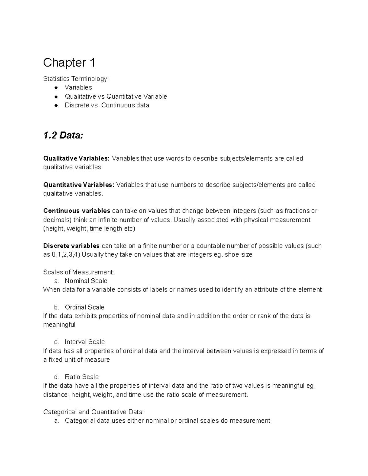 Classnotes - notes - Chapter 1 Statistics Terminology: Variables ...