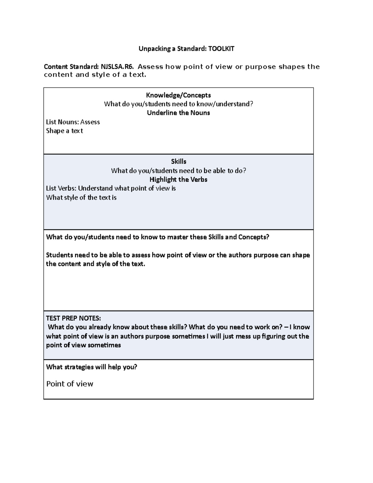 Standard R6 - Unpacking a Standard: TOOLKIT Content Standard: NJSLSA ...