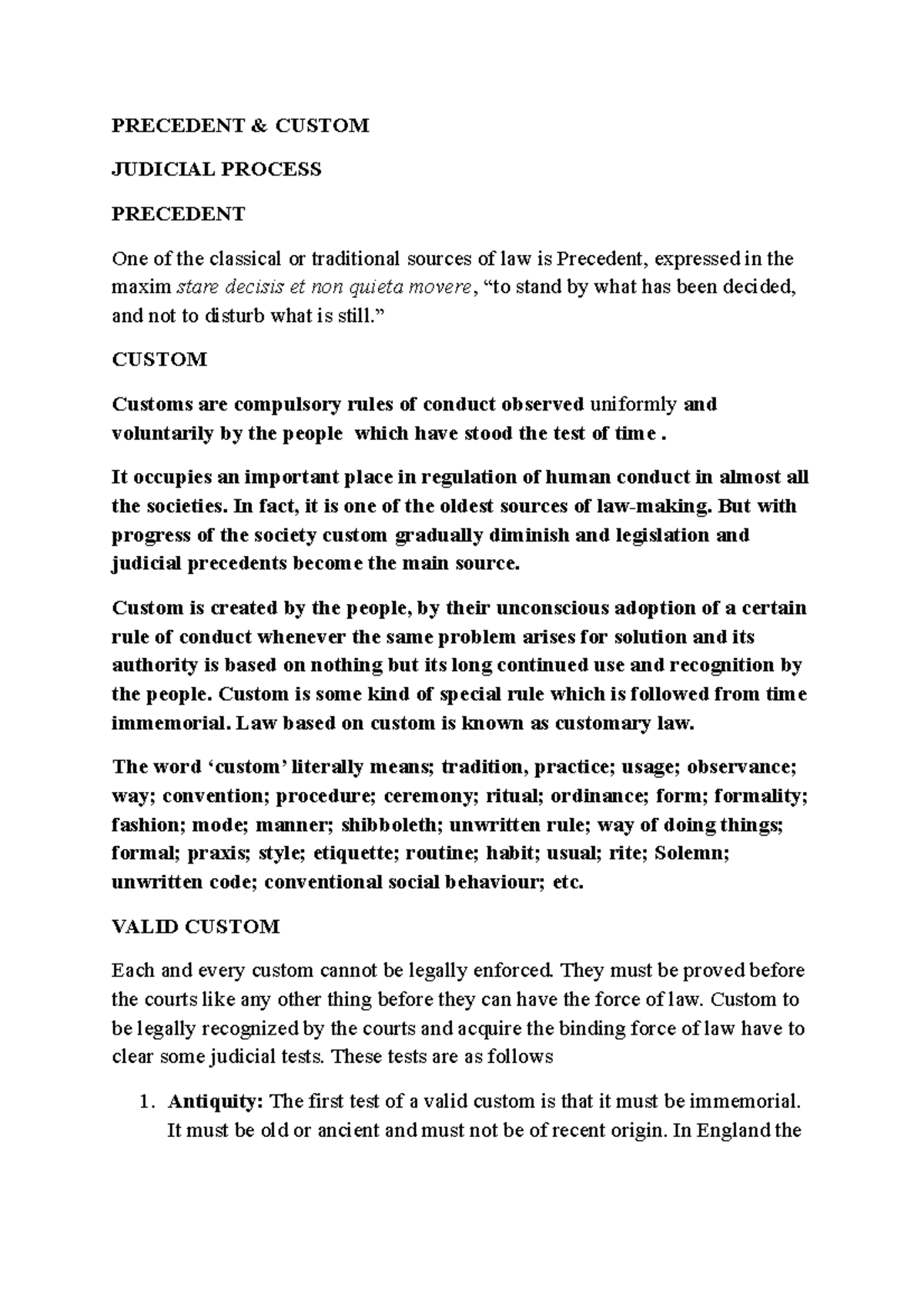 Precedent in law - PRECEDENT & CUSTOM JUDICIAL PROCESS PRECEDENT One of ...