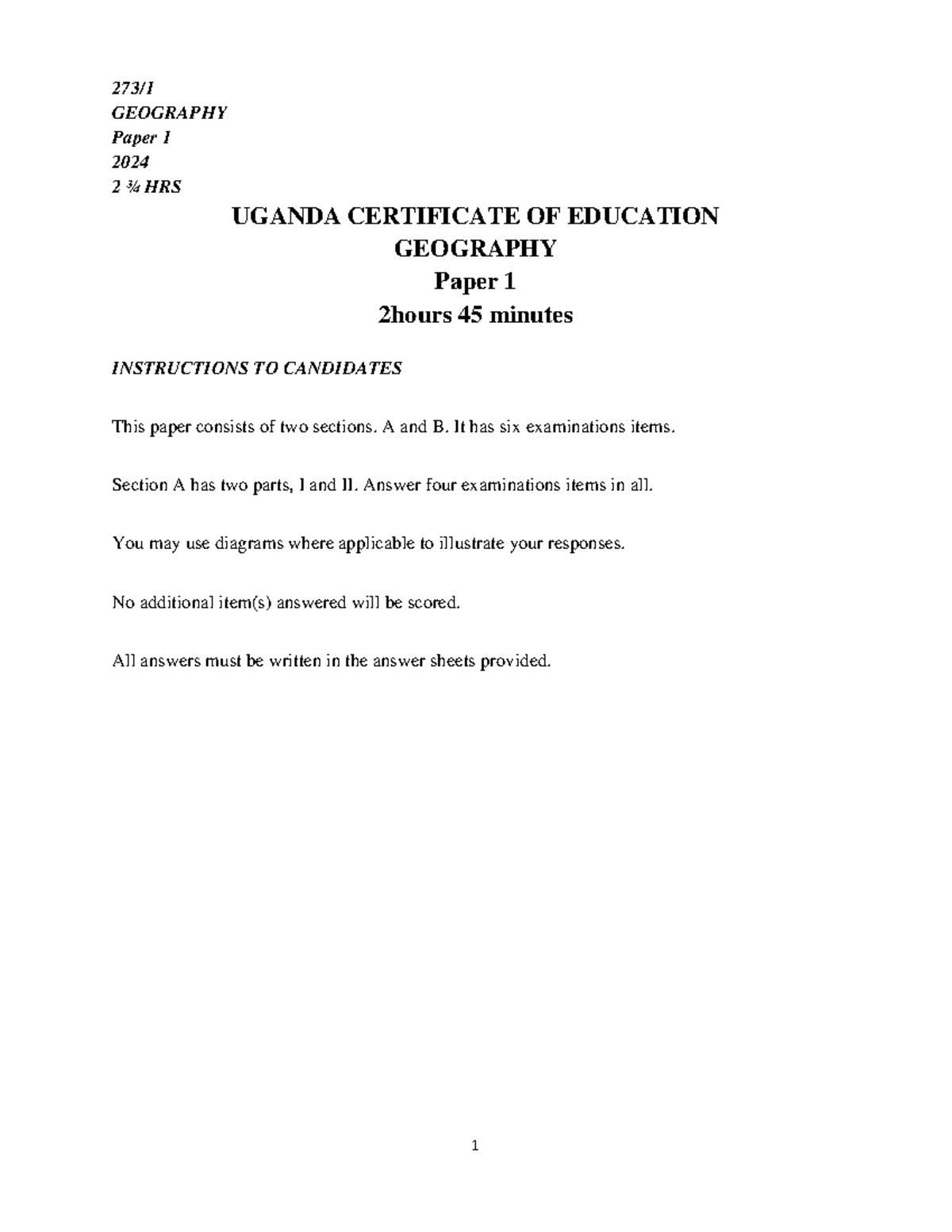 S.4 Geography paper-1 Resource - 273/ GEOGRAPHY Paper 1 2024 2 ¾ HRS ...