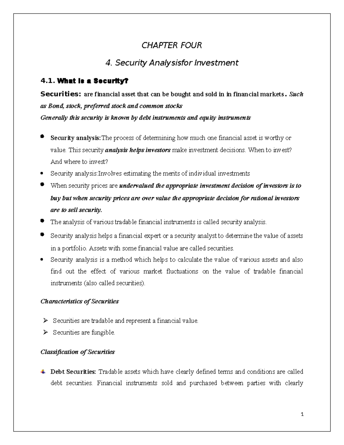 Chapter -4-Security Analysis - CHAPTER FOUR 4. Security Analysisfor Investment 4. What is a ...