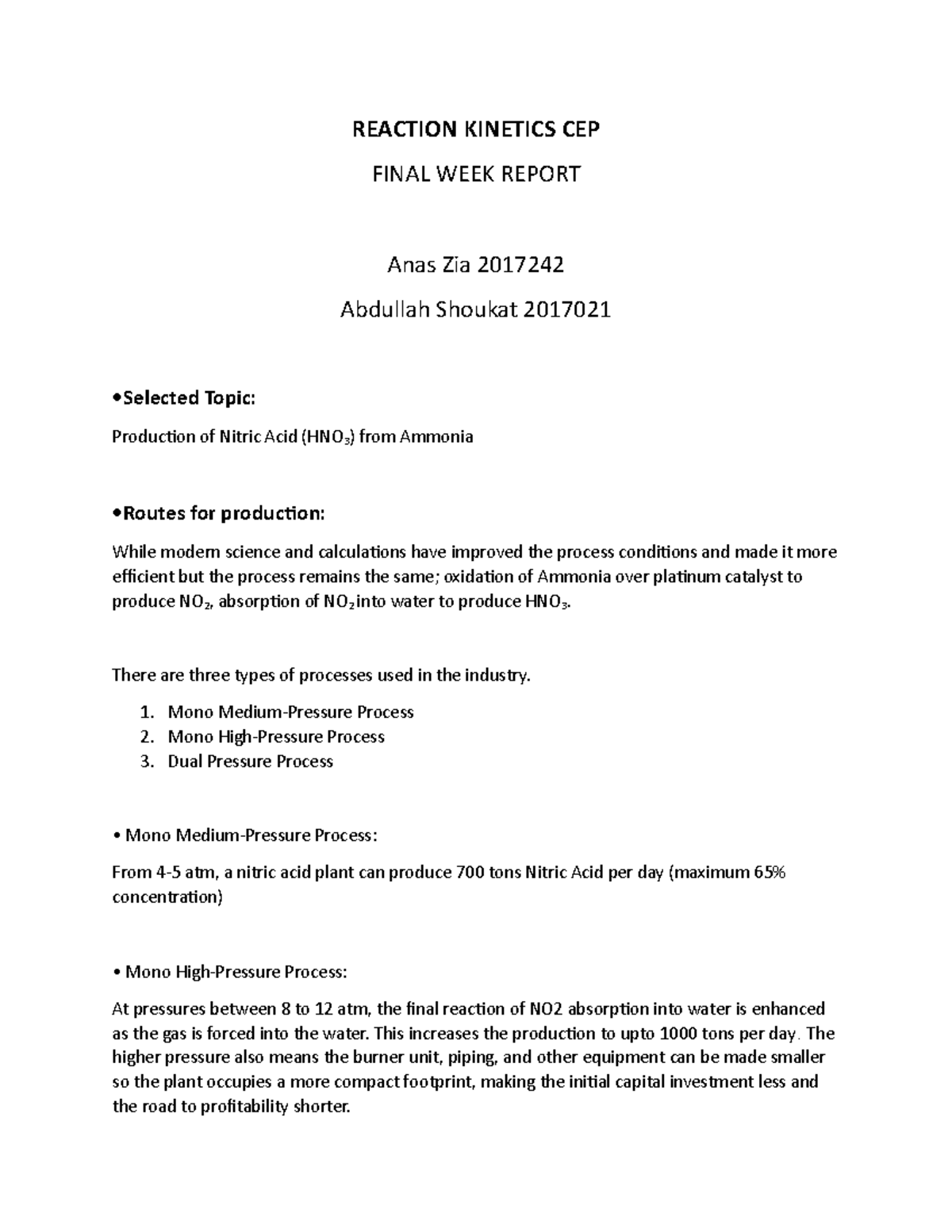 Reaction Kinetics CEP Final Report Nitric Acid - REACTION KINETICS CEP ...