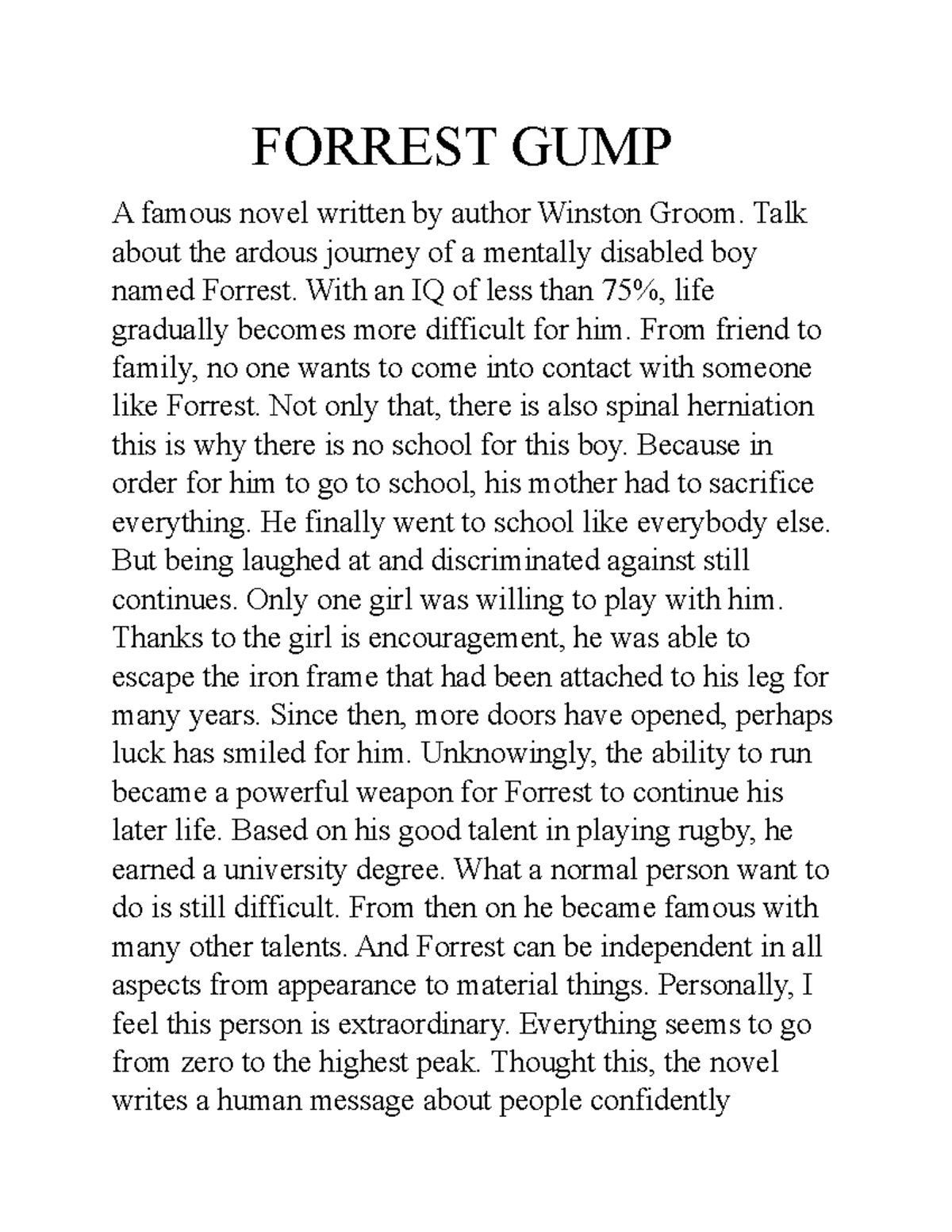 Forrest GUMP - eng - FORREST GUMP A famous novel written by author ...