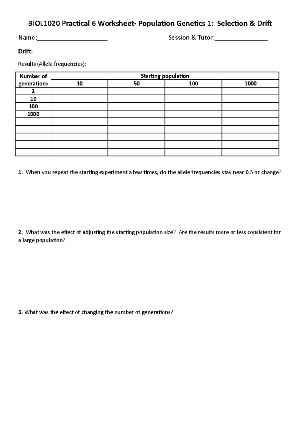 Prac 6 Worksheet - BIOL1020 Practical 6 Worksheet- Population Genetics ...