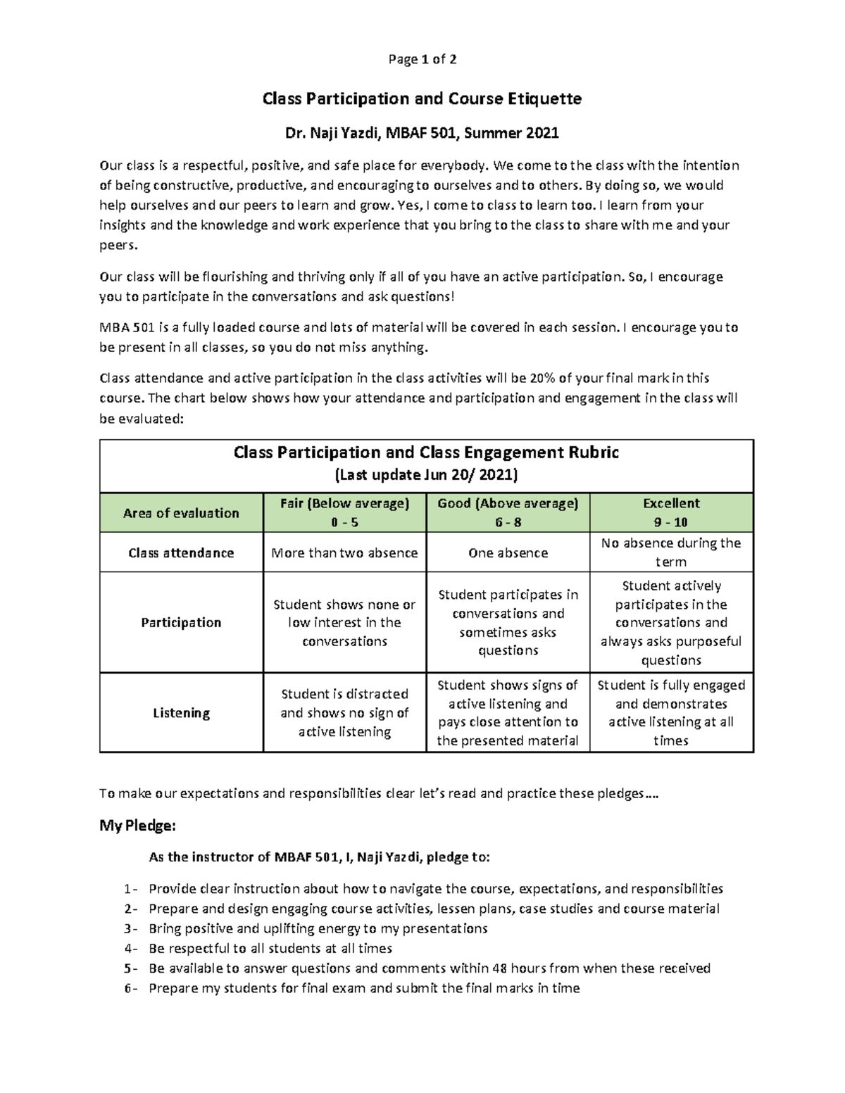 Class Participation and Course Etiquette - Studocu