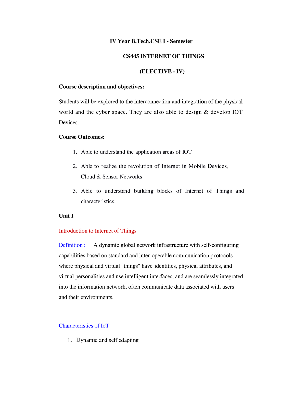 Iot-notes - XYZ - IV Year B I - SemesterIV Year B I - Semester CS445 ...