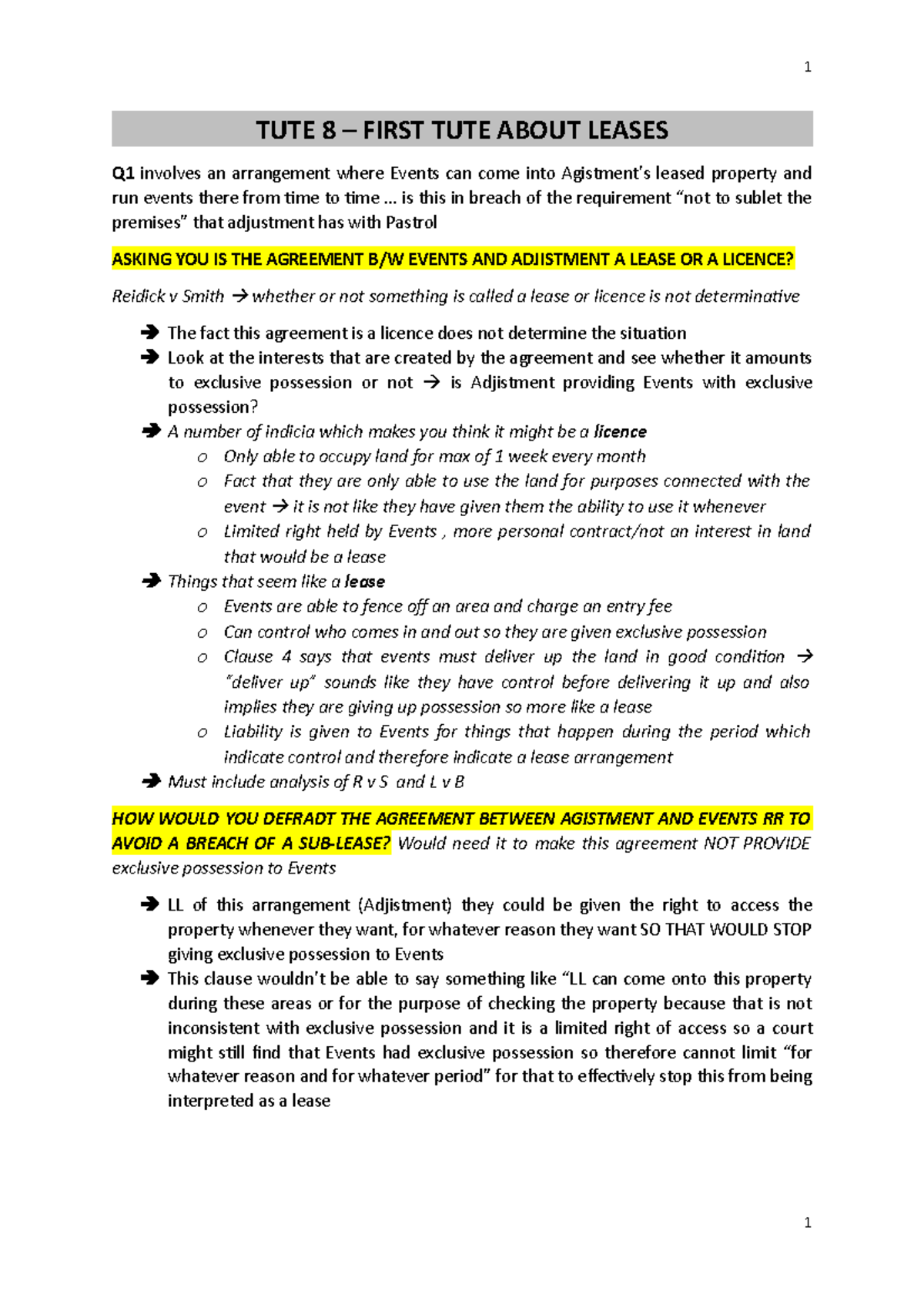 TUTORIAL 8 2019 CLASS - TUTE 8 – FIRST TUTE ABOUT LEASES Q1 involves an ...