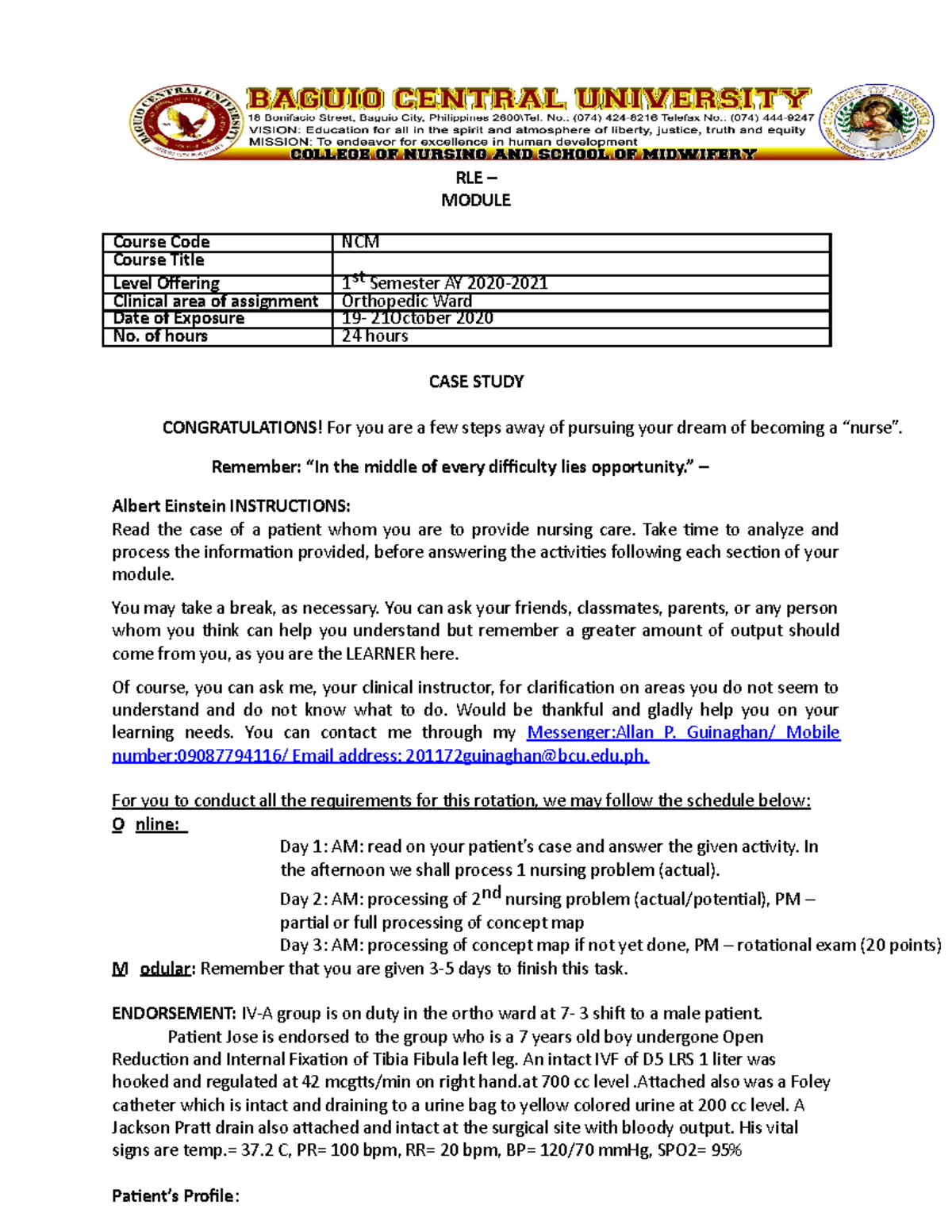 Case Study Orthopedic Ward, Nursing Diagnosis - RLE – MODULE Course ...