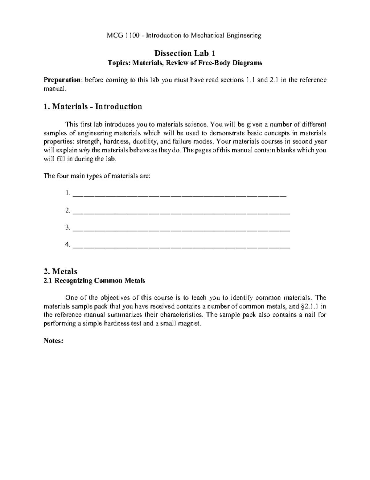 1100 diss lab 1 manual - MCG 1100 - Introduction to Mechanical ...