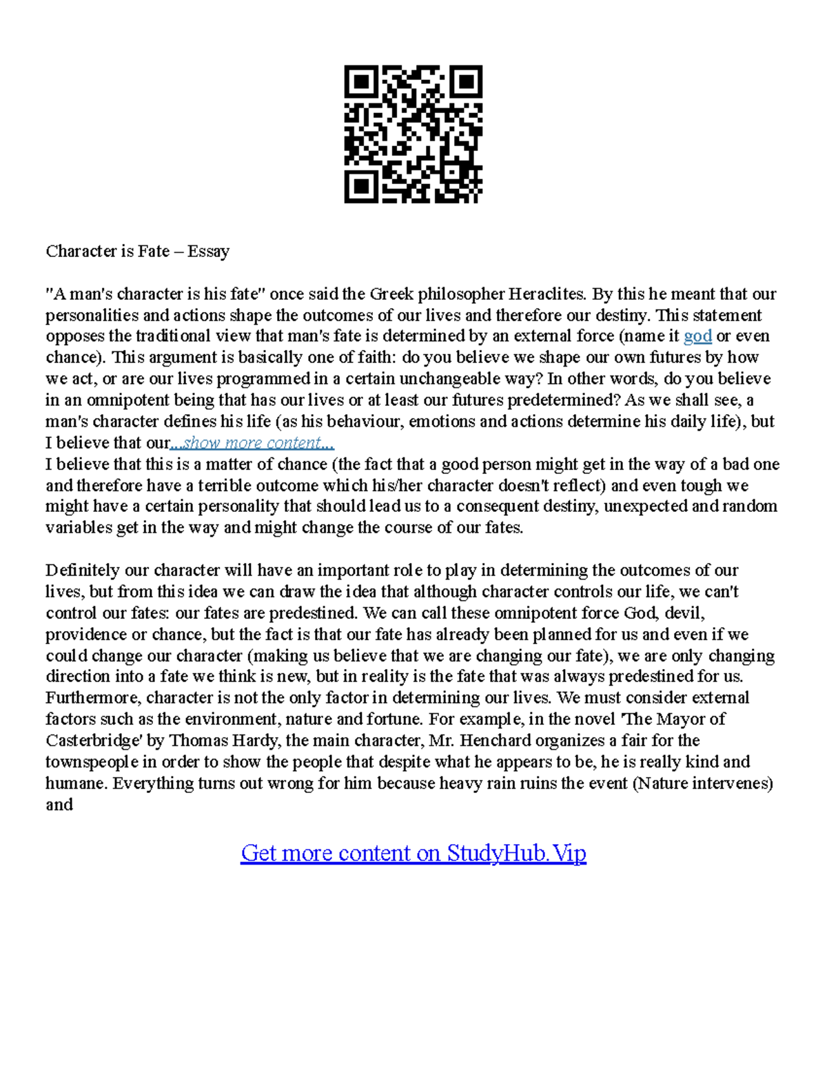 Character Essay Examples - Character is Fate – Essay "A man's character ...