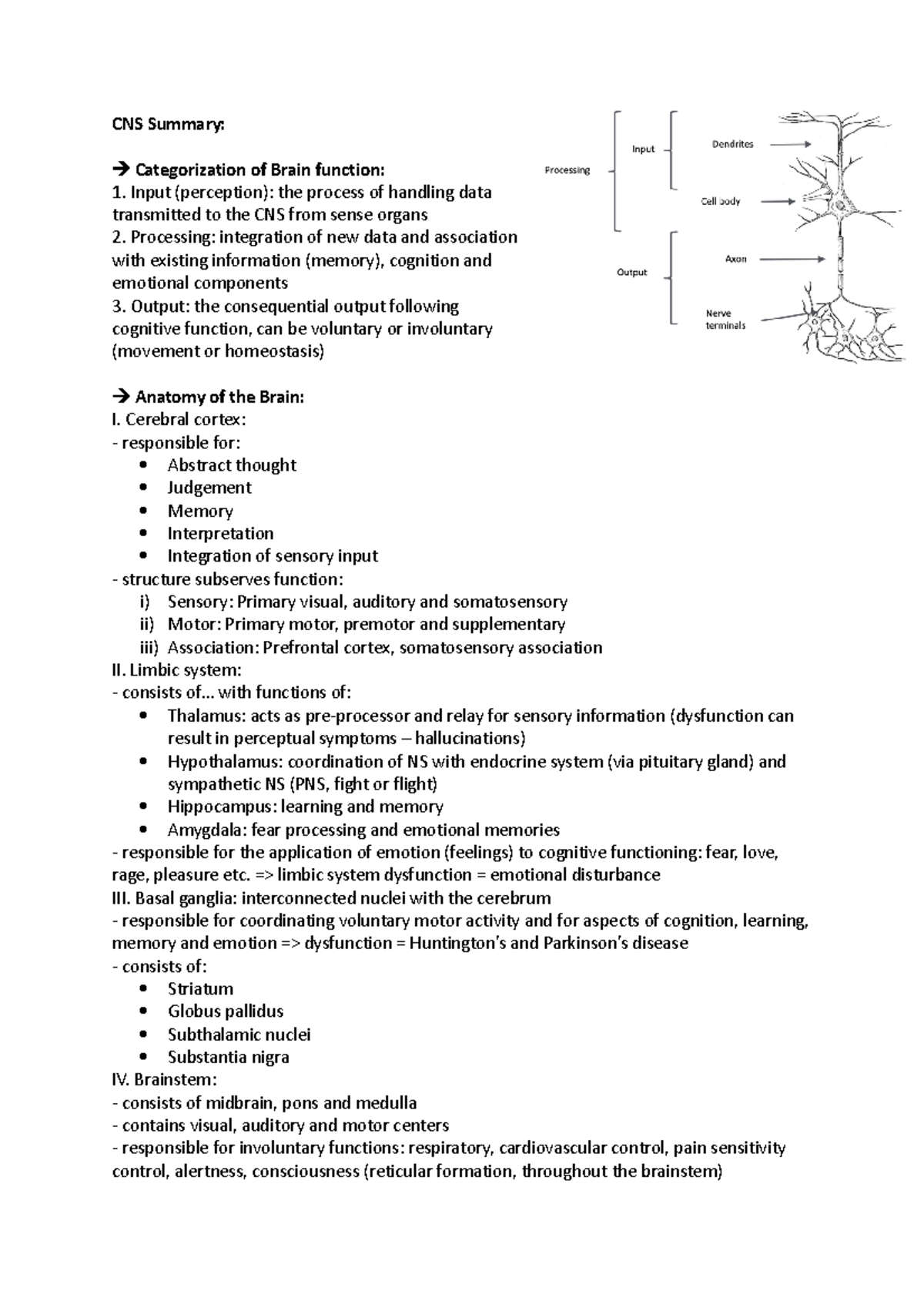 CNS Summary - Good luck with your exams! - CNS Summary: Categorization ...