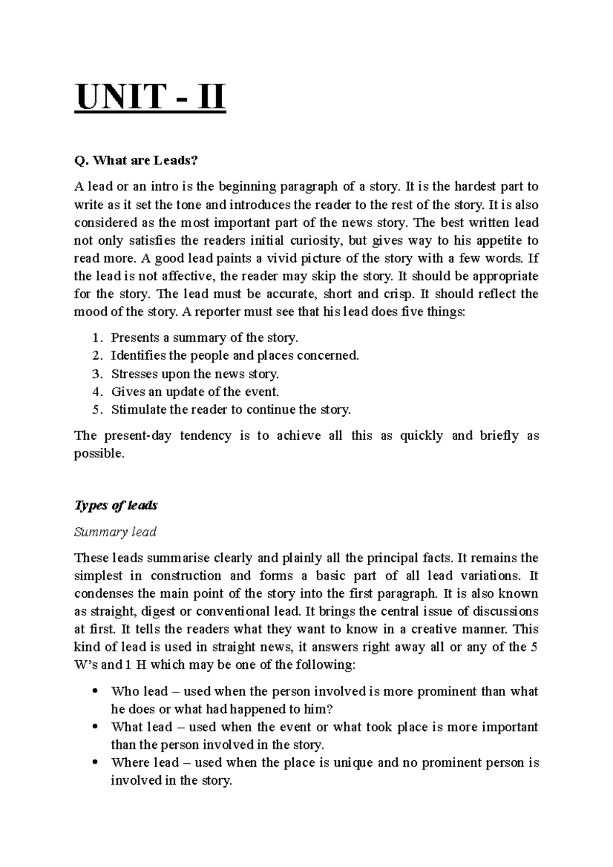UNIT - II - word - UNIT - II Q. What are Leads? A lead or an intro is ...