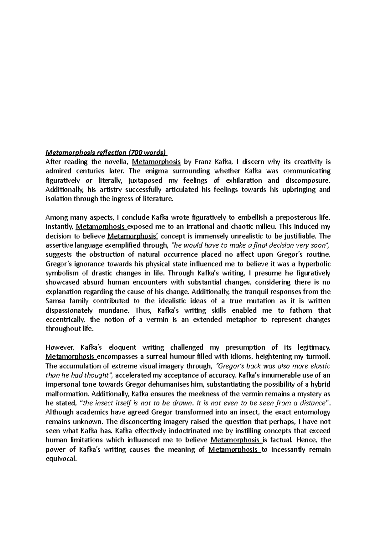 Module c reflection + creative (metamorphosis) for 2020/2021 to be used ...