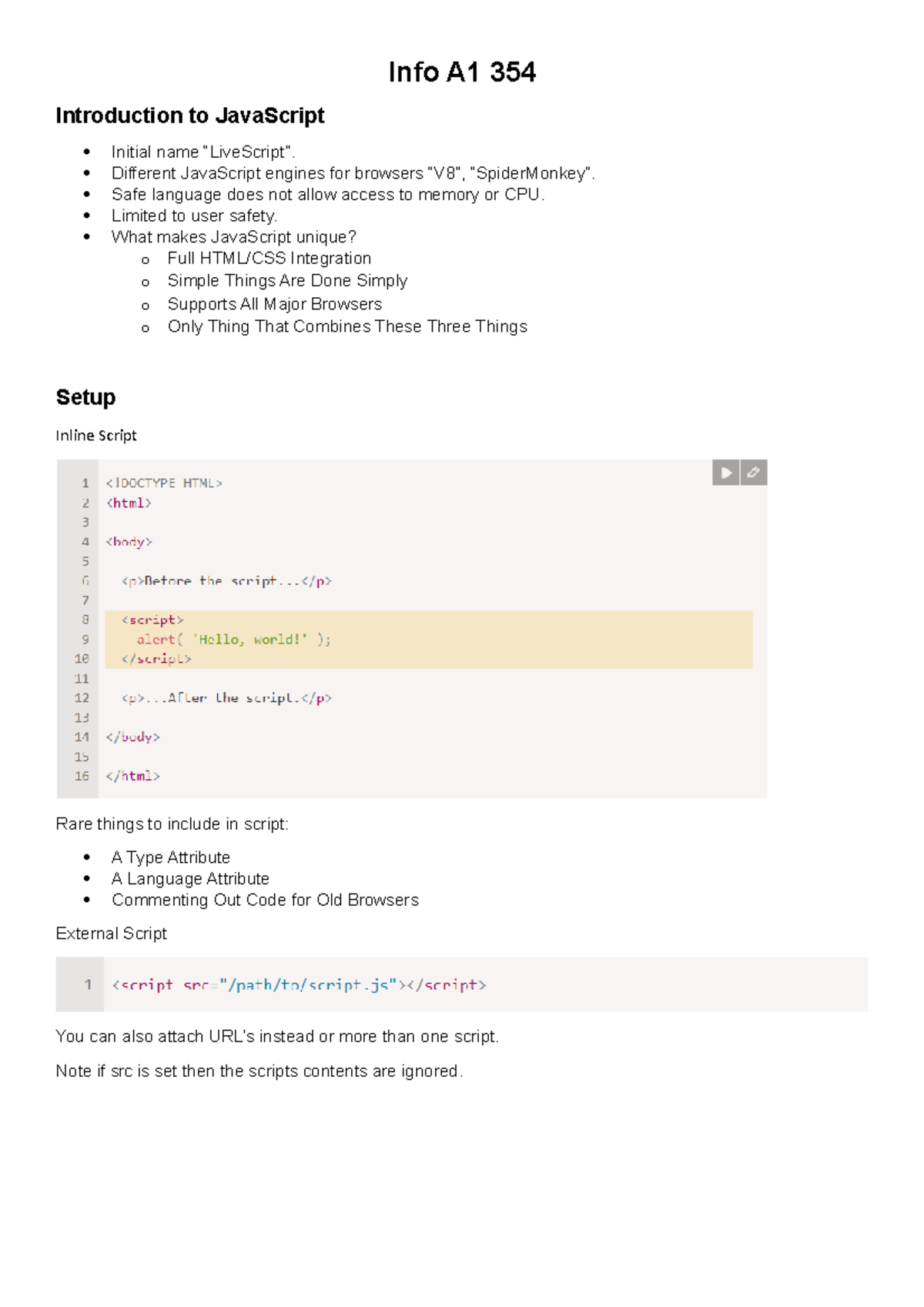 Info A1 354 - Info A1 Notes - Info A1 354 Introduction to JavaScript ...