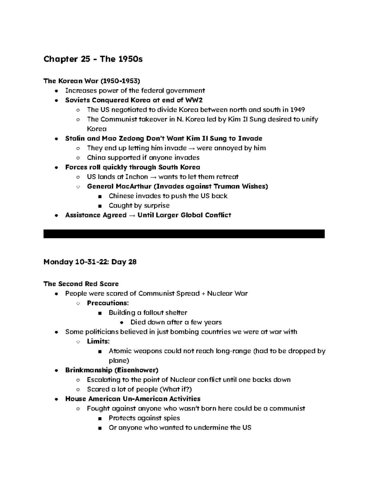 US History Notes 1950s - 1990s - Chapter 25 - The 1950s The Korean War ...