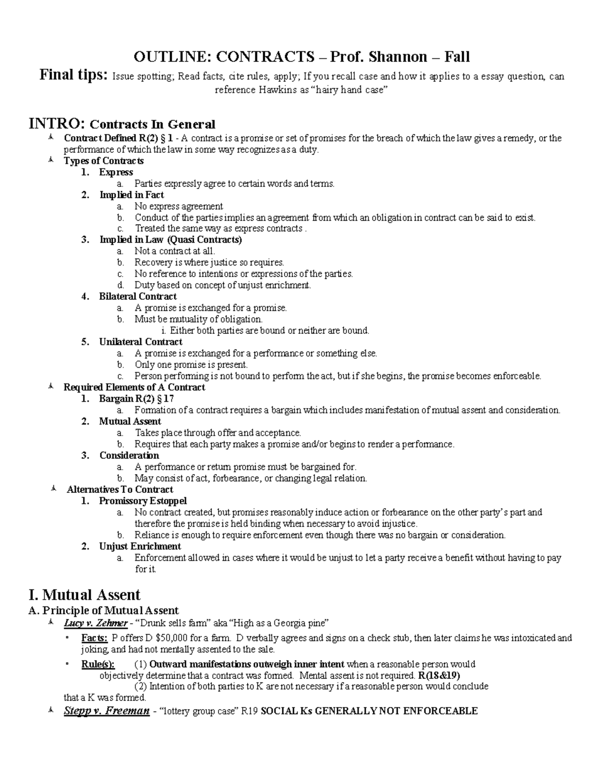 Contracts Outline - OUTLINE: CONTRACTS – Prof. Shannon – Fall Final tips: Issue spotting; Read ...