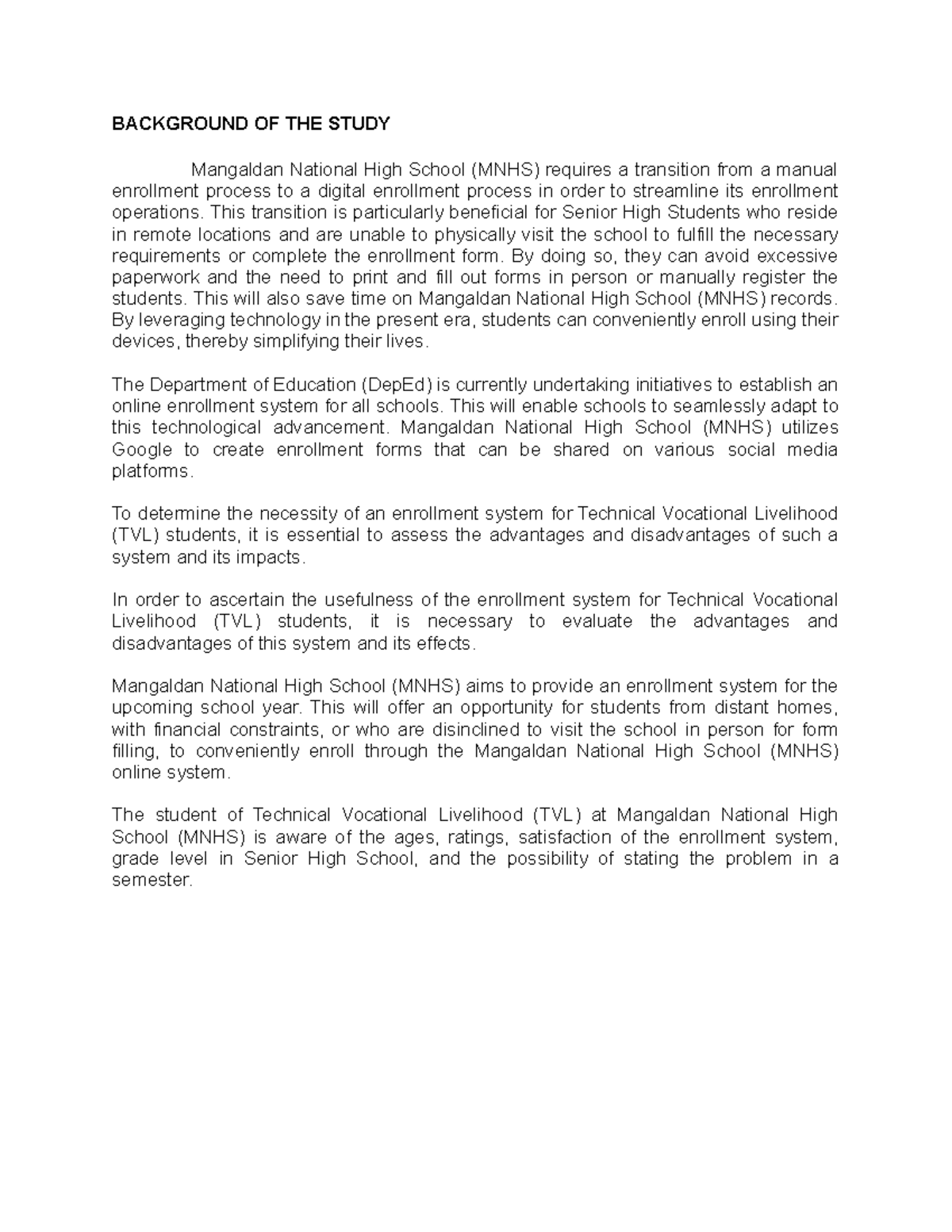 Background OF THE Study - BACKGROUND OF THE STUDY Mangaldan National ...