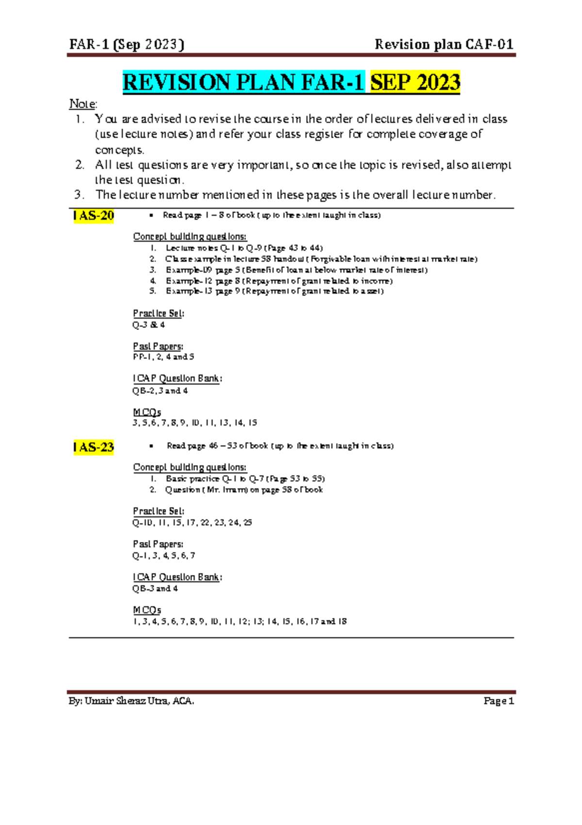 Revision Plan FAR1 (Mar 23) - REVISION PLAN FAR-1 SEP 2023 Note: 1. You ...