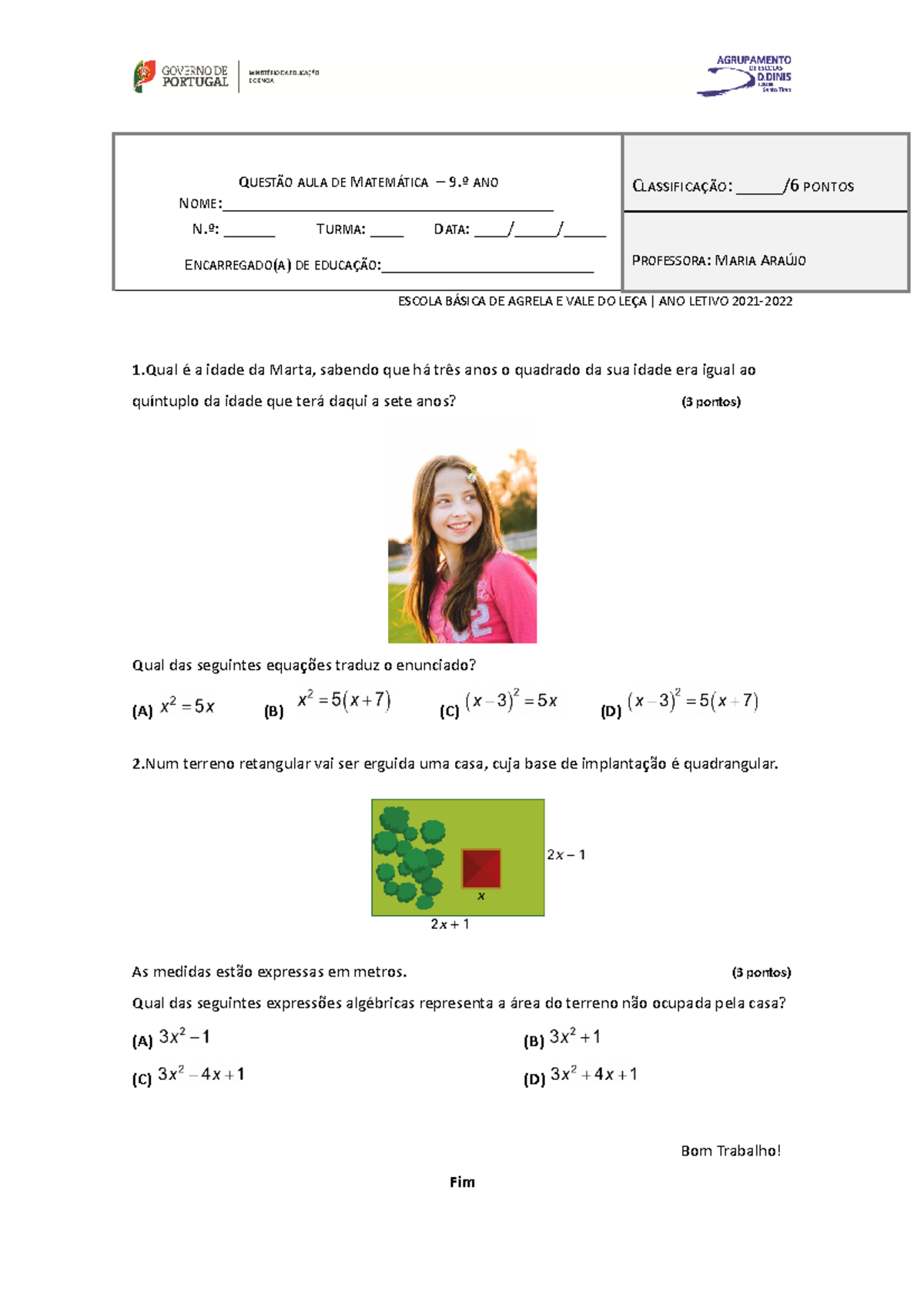 9ºano Q.A - Fichas de Trabalho-matemática 9º ano - QUESTÃO AULA DE MATEMÁTICA – 9.º ANO - Studocu