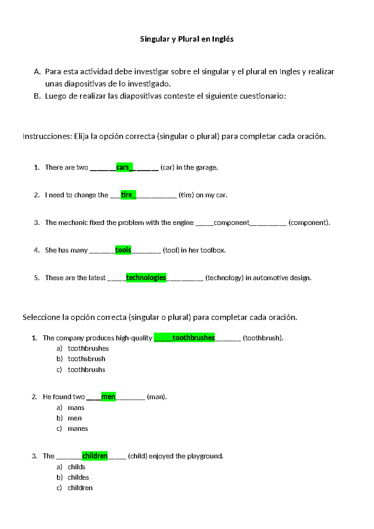 Taller Singular Y Plural Eliz Singular Y Plural En Inglés A Para Esta Actividad Debe