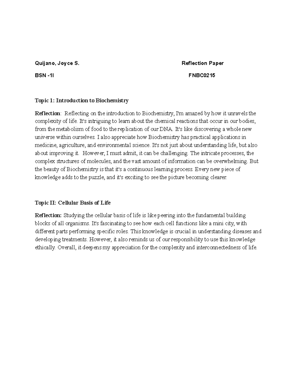 Science NB Reflection - Quijano, Joyce S. Reflection Paper BSN -1I FNBC ...