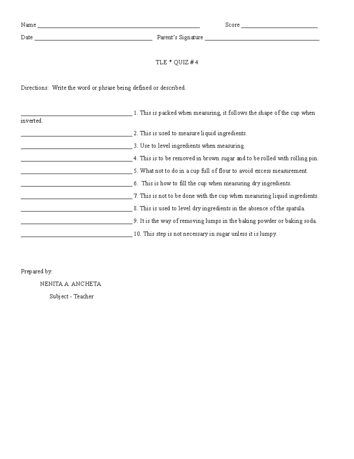 TLE 8 Quiz #4 - TLE QUIZ FOR GRADE 8 - Name