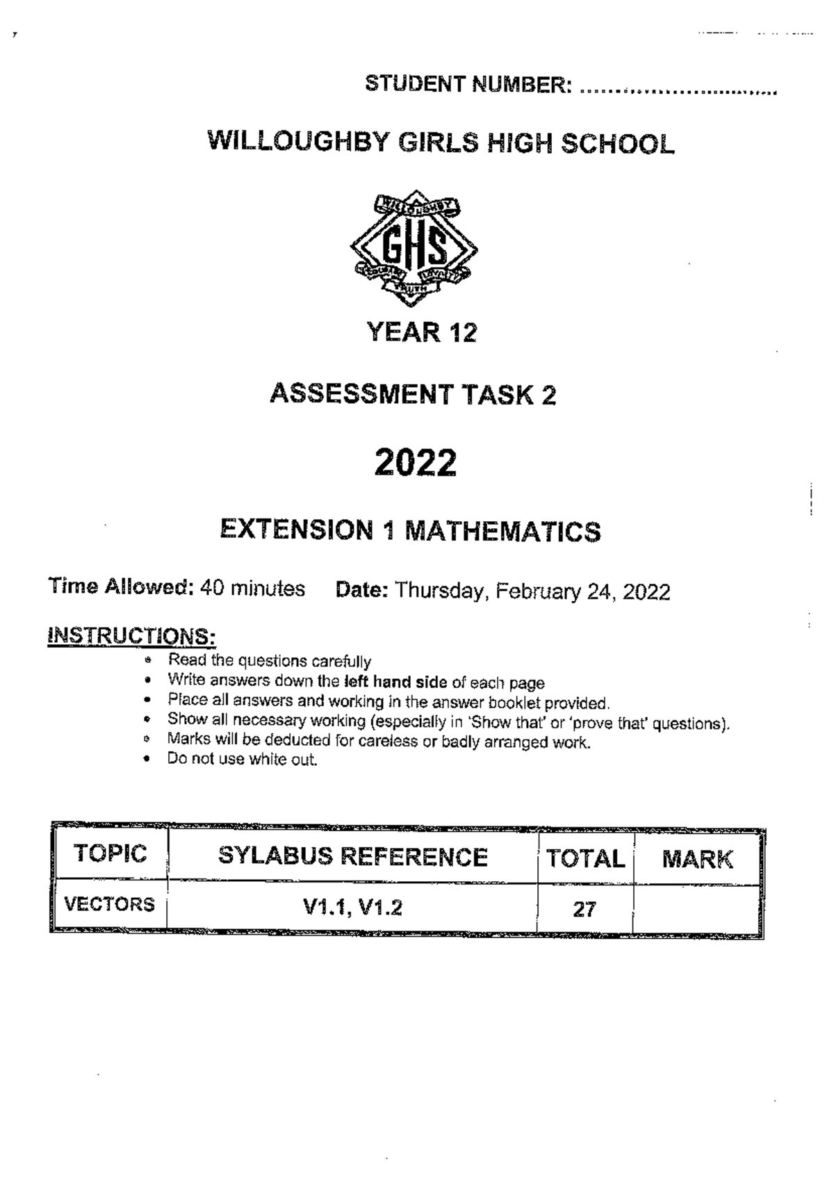 Task 2 YR 12 EXT 1 2022 - vectors revision - Studocu