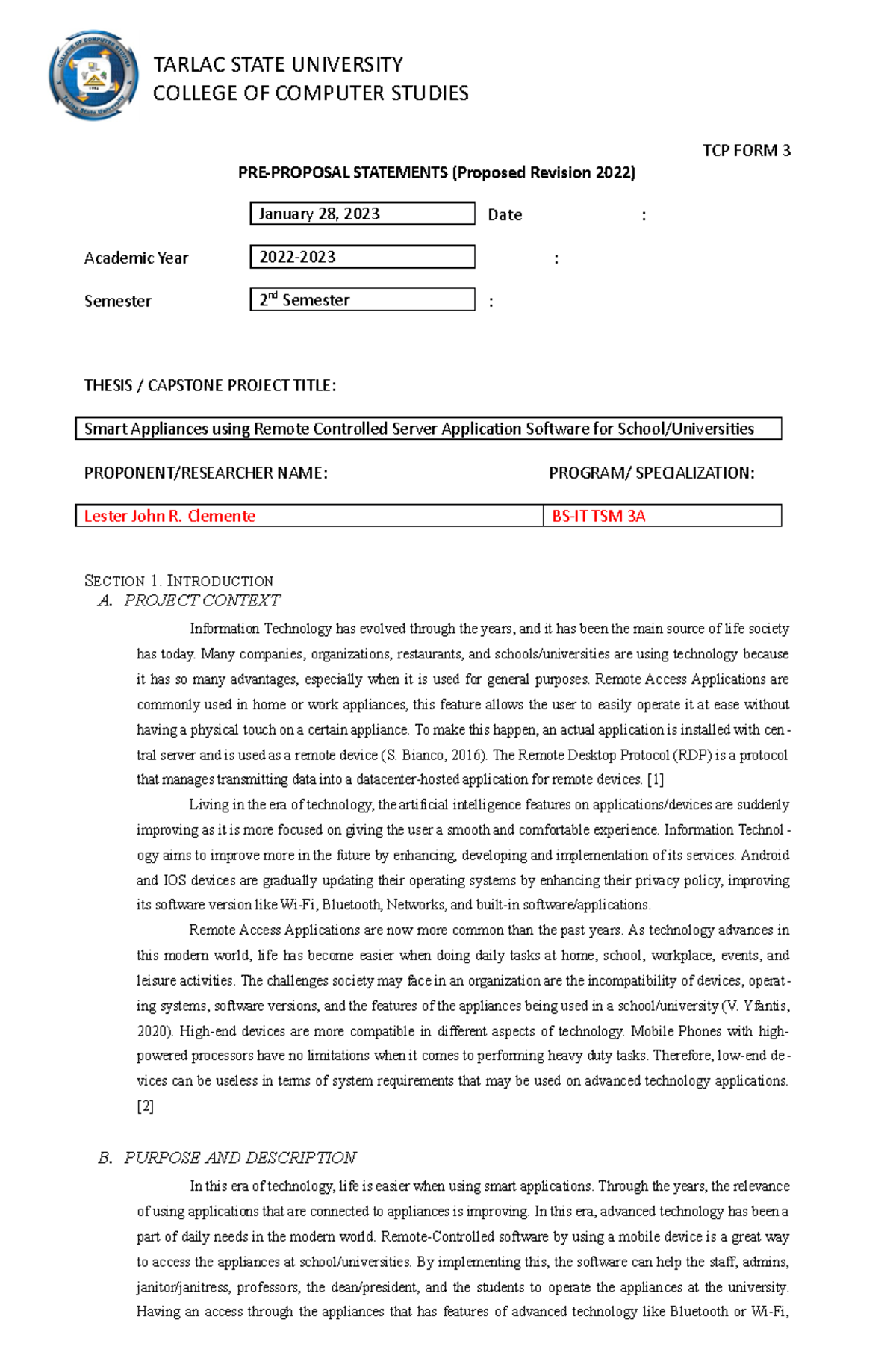 CP1 P1- Thesis - Nacaha - COLLEGE OF COMPUTER STUDIES TCP FORM 3 PRE-PROPOSAL STATEMENTS ...