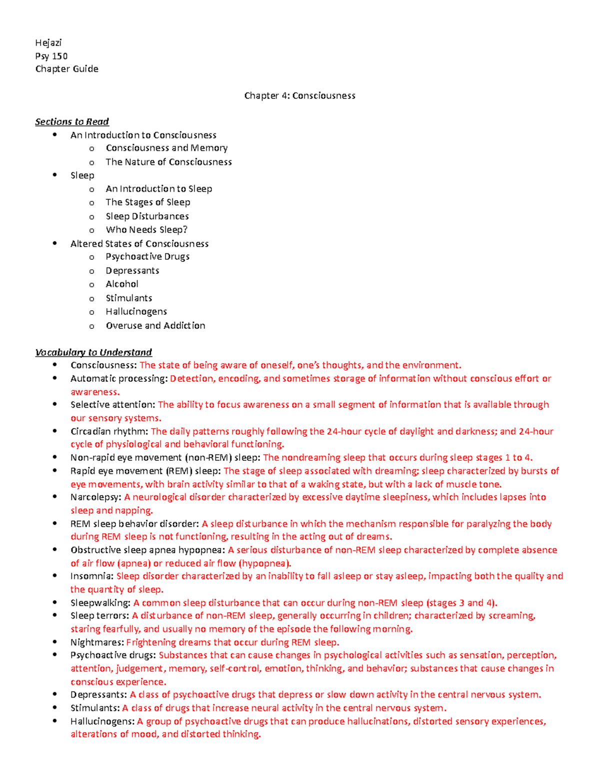 4. Consciousness - Guide - Hejazi Psy 150 Chapter Guide Chapter 4: Consciousness Sections to ...