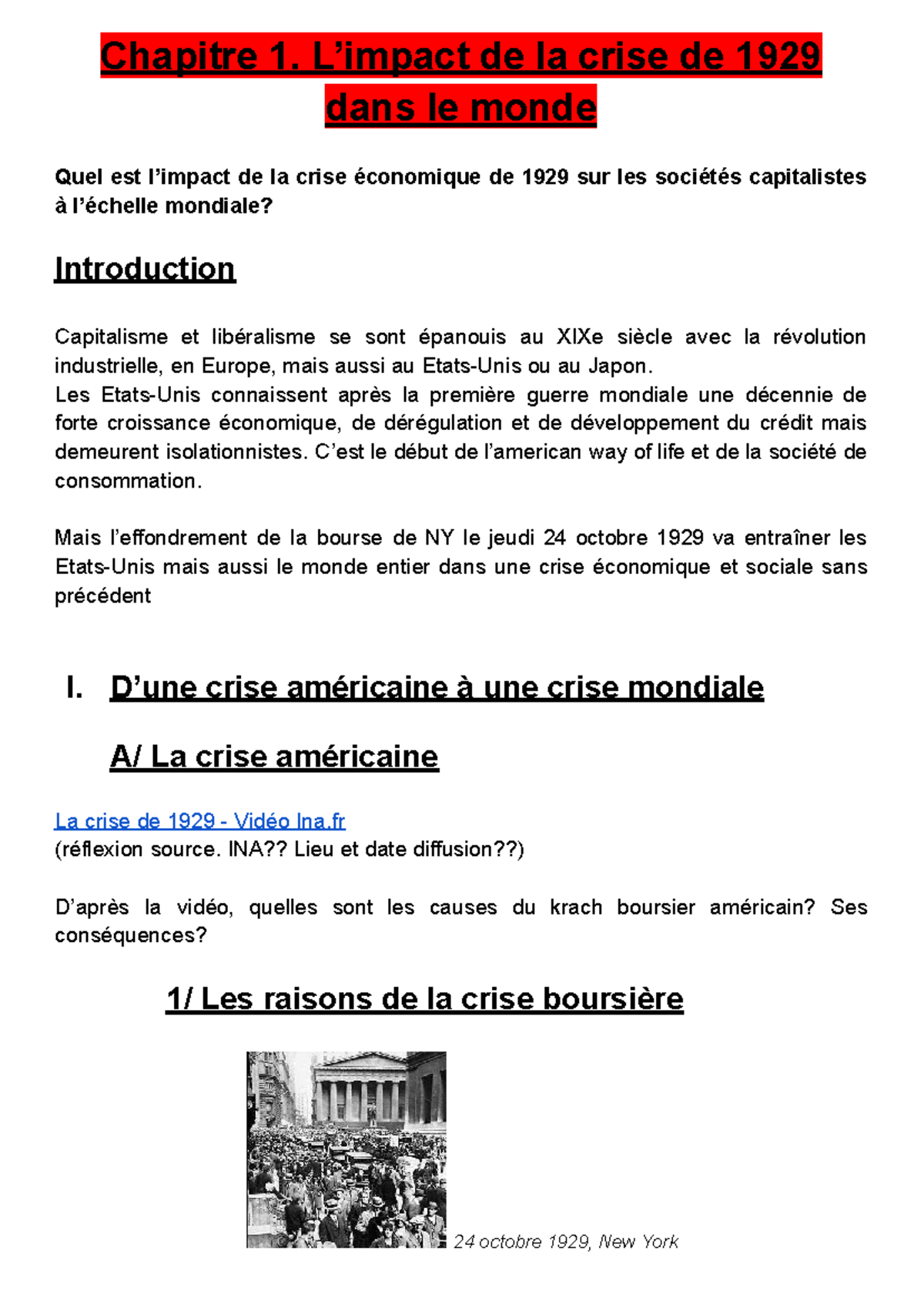 Chapitre 1. L'impact de la crise de 1929 dans le monde - Chapitre 1. L’impact de la crise de ...