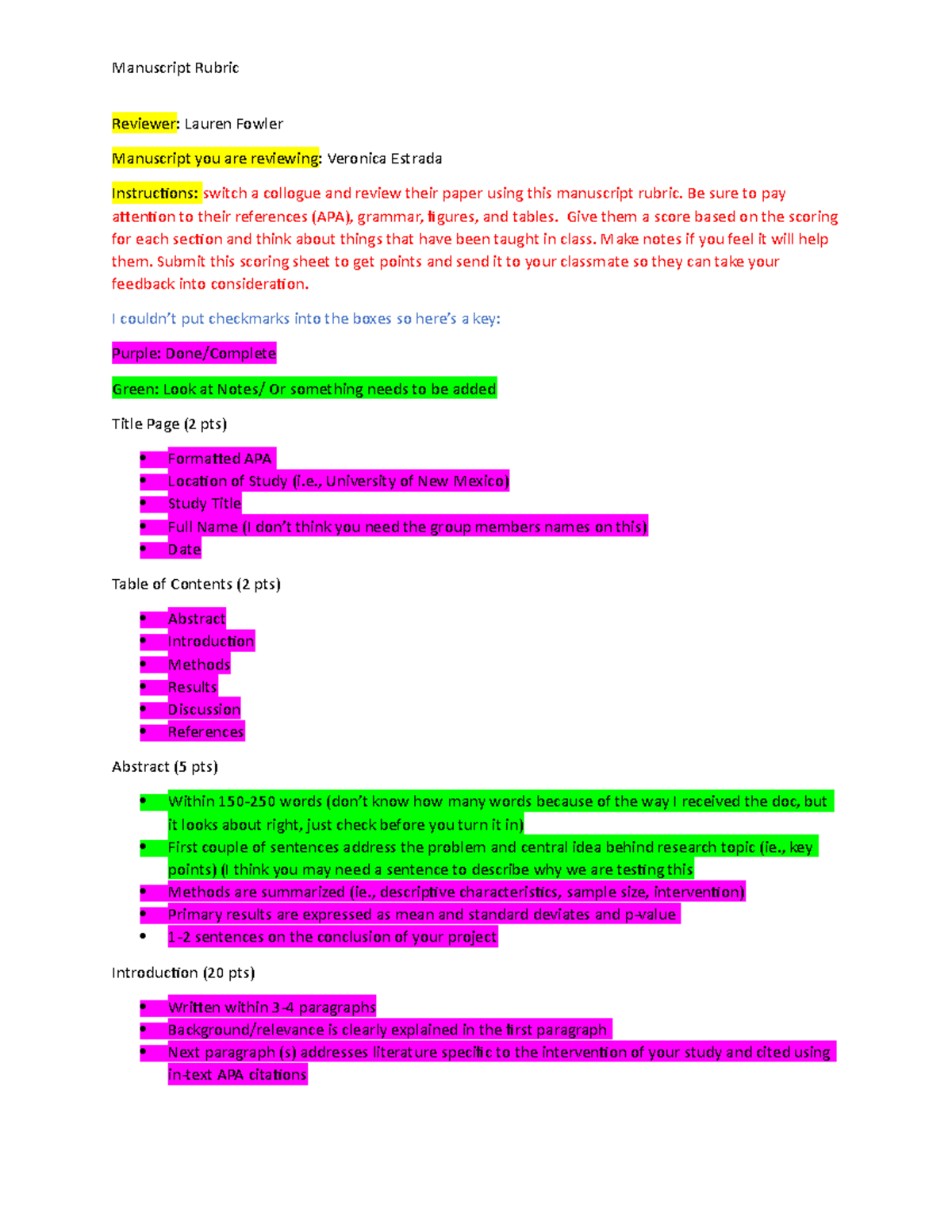 Peer review Extra Credit - Manuscript Rubric Reviewer: Lauren Fowler ...