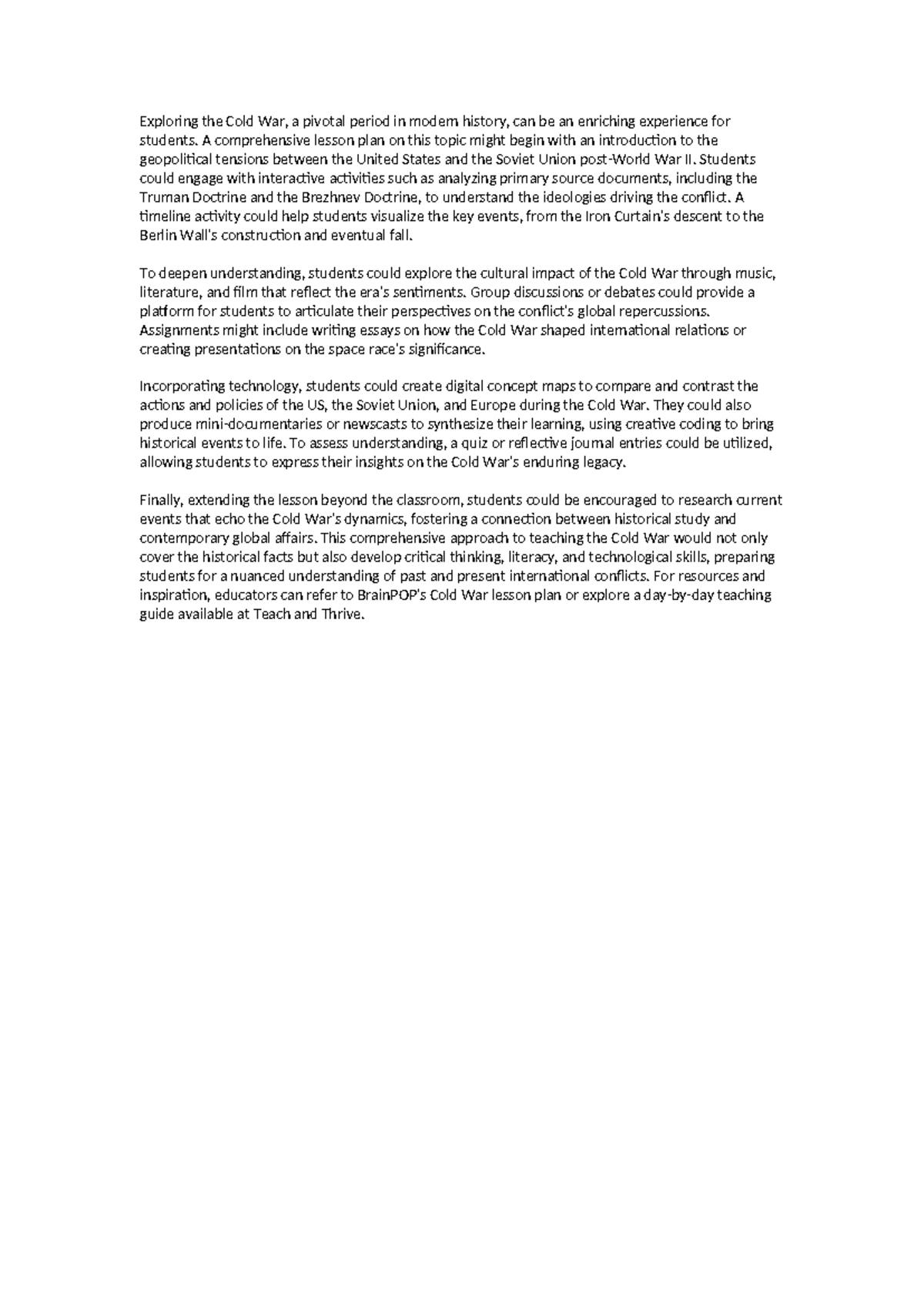 Exploring the Cold War - A comprehensive lesson plan on this topic ...