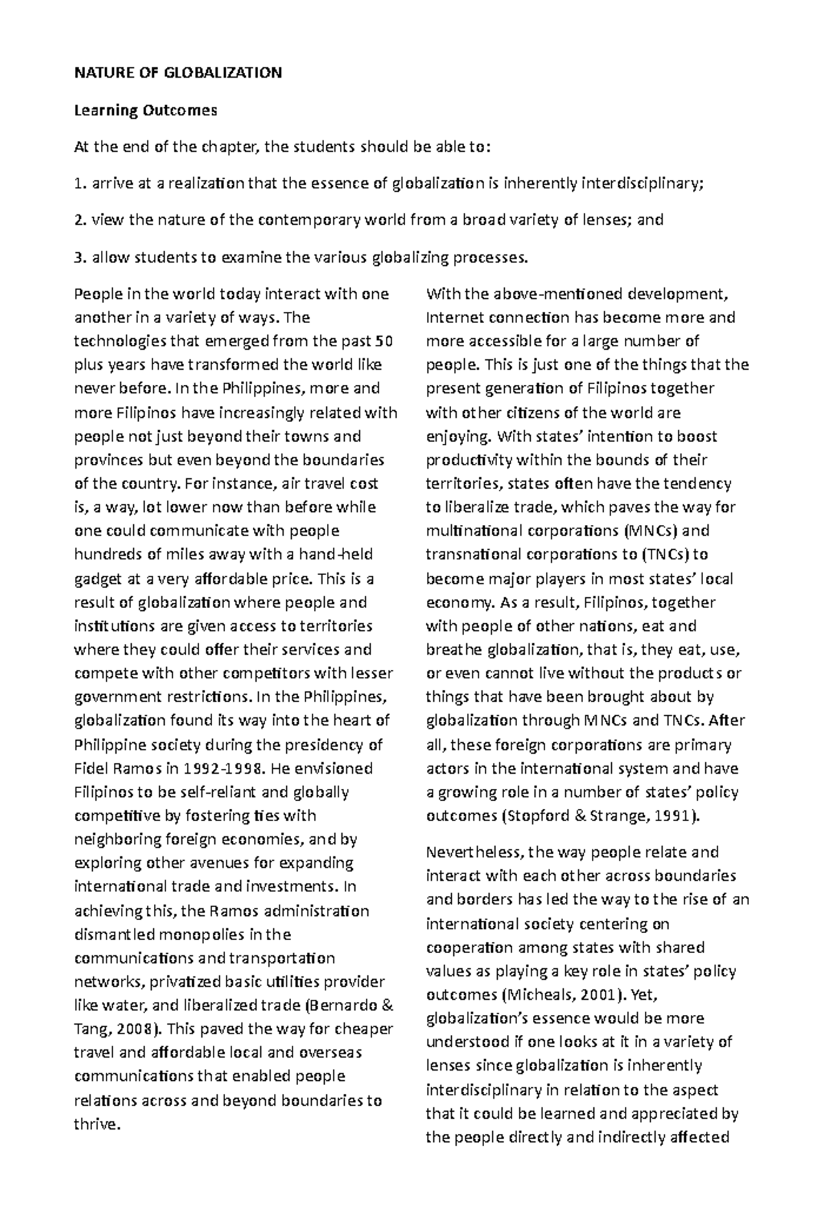 Chapter 1. Nature OF Globalization. raw notes - NATURE OF GLOBALIZATION ...