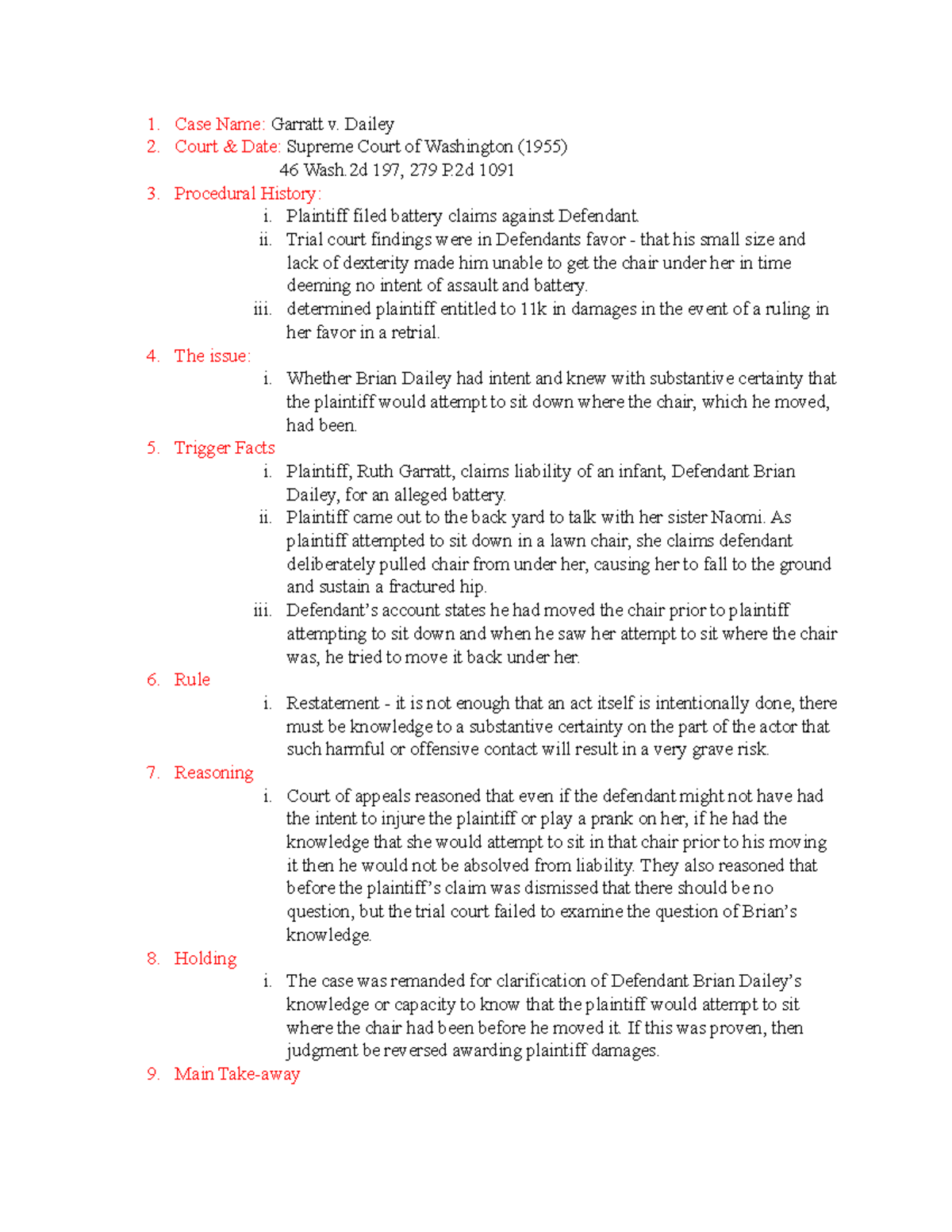 Garratt v. Dailey Case Brief - Case Name: Garratt v. Dailey Court ...