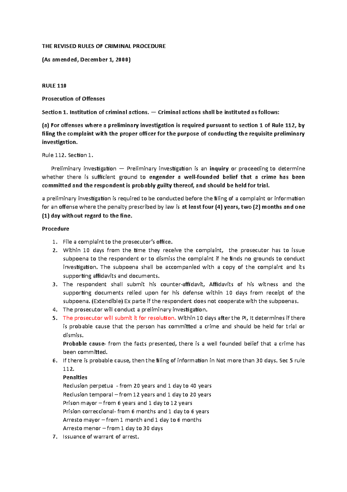 Crim Pro summary - THE REVISED RULES OF CRIMINAL PROCEDURE (As amended ...