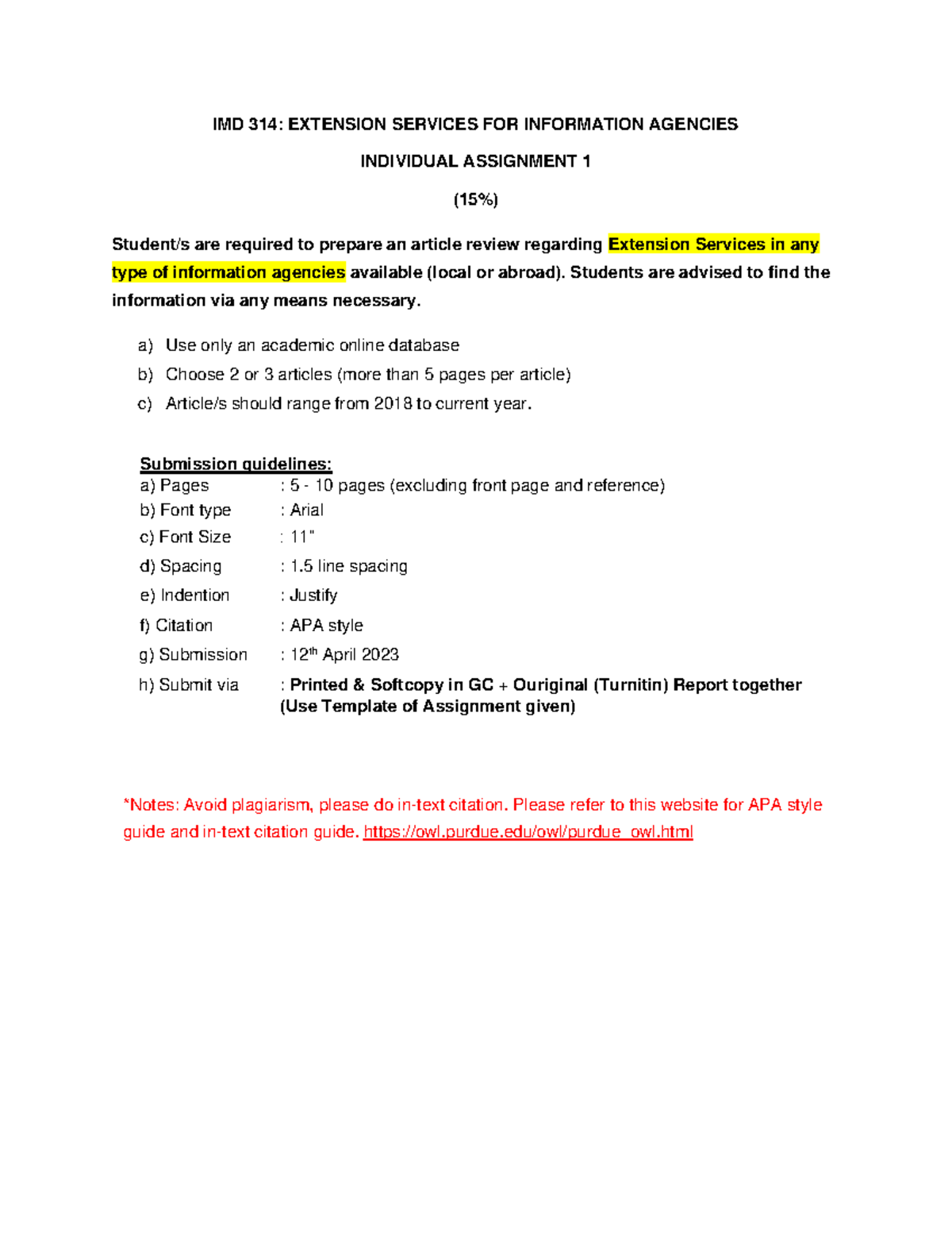 Guidelines Individual Assignment - IMD 314: EXTENSION SERVICES FOR INFORMATION AGENCIES ...