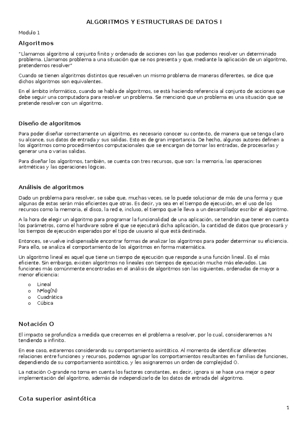 Resumen módulo 1 y 2 - ALGORITMOS Y ESTRUCTURAS DE DATOS I Modulo 1 ...