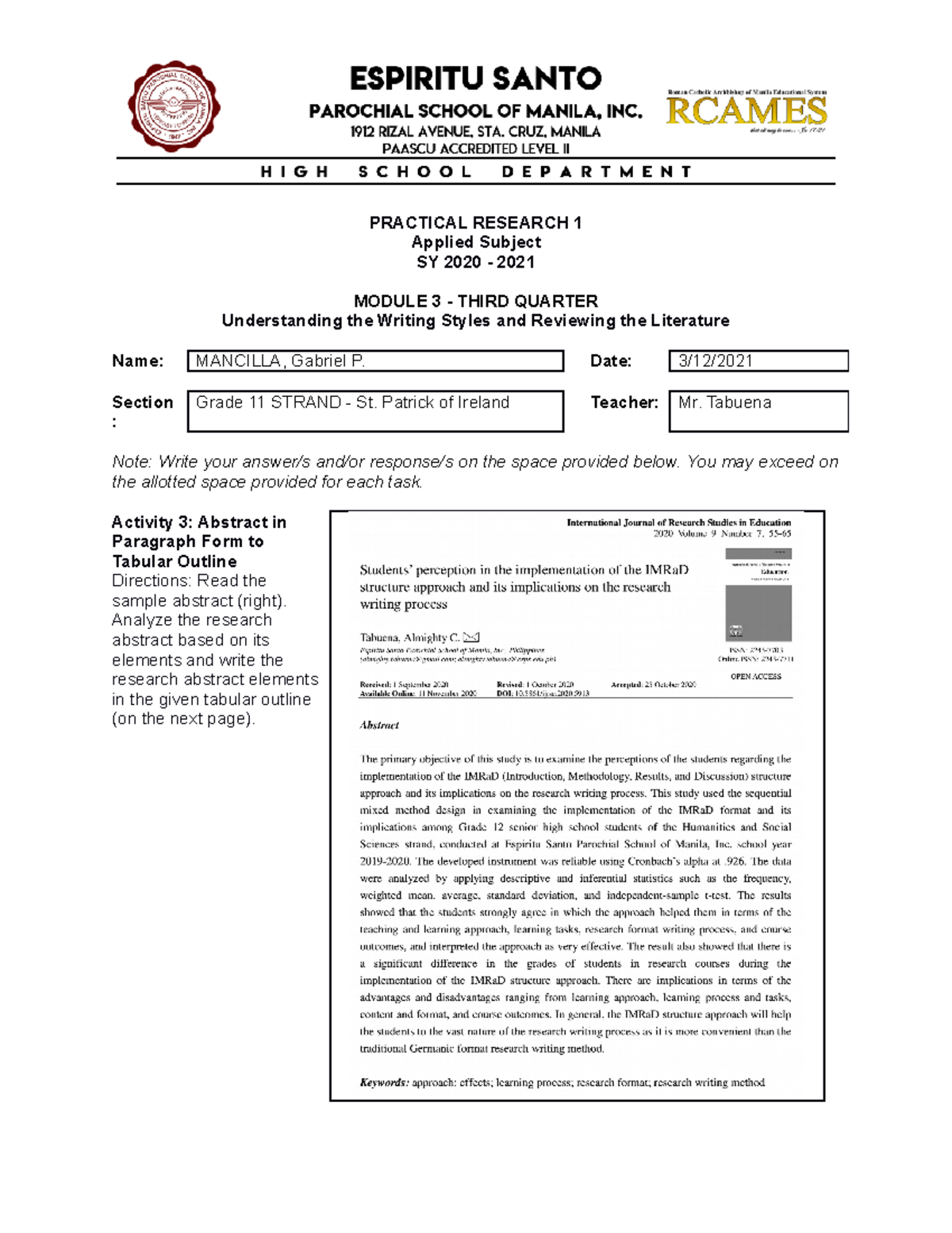 Module 3 - Activity 3 - EWS - PRACTICAL RESEARCH 1 Applied Subject SY ...