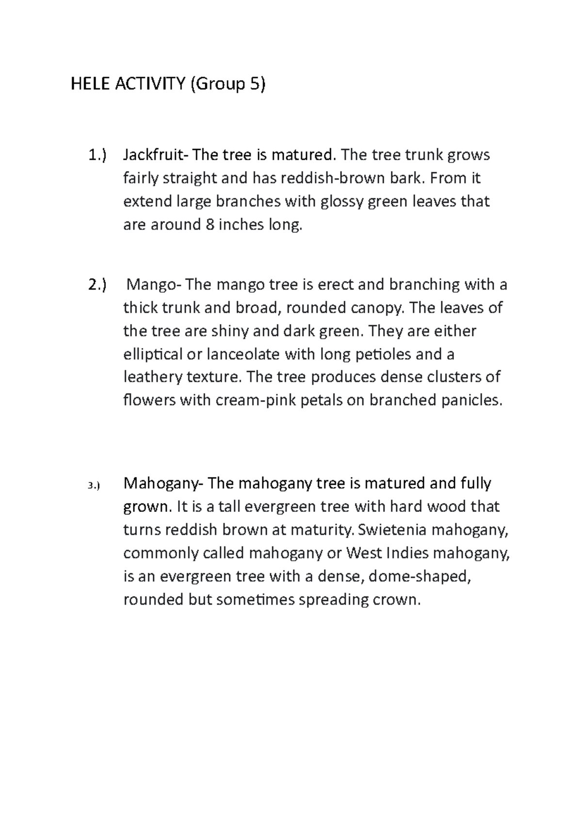 HELE- Activity - good - HELE ACTIVITY (Group 5) 1.) Jackfruit- The tree ...