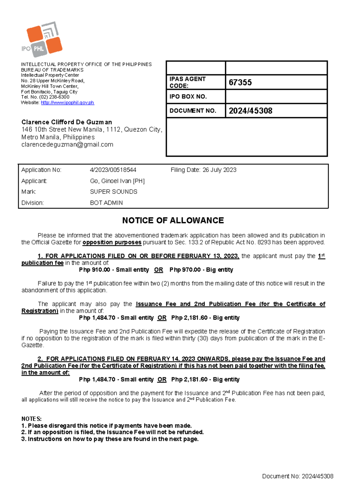 4-2023-518544 Notice of allowance (national) B-2024-45308 - Document No ...