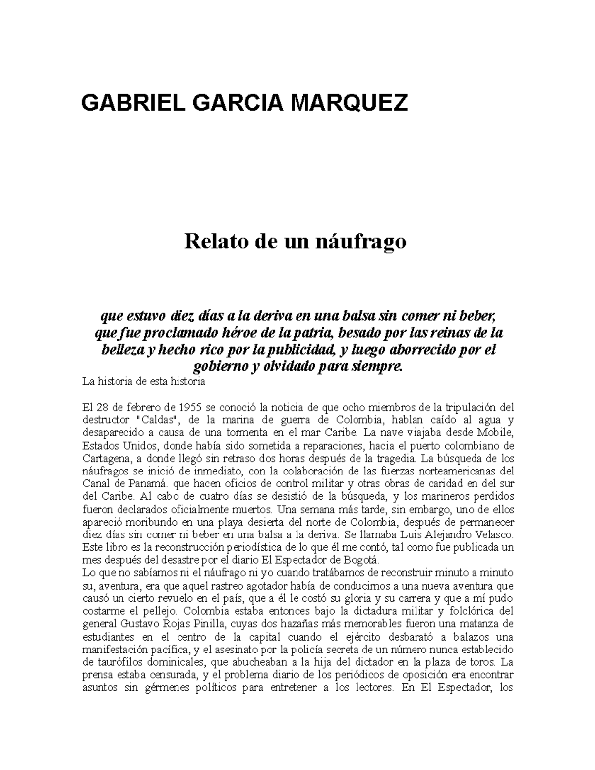 Gabriel García Márquez - Relato de un naufrago - GABRIEL GARCIA MARQUEZ ...