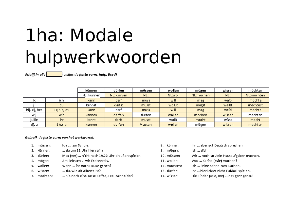 1ha Modale-ww - 1ha: Modale hulpwerkwoorden Schrijf in alle -vakjes de ...