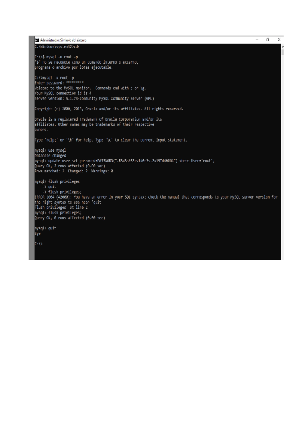 Cambiar clave a usuario mysql - Base de Datos - Studocu